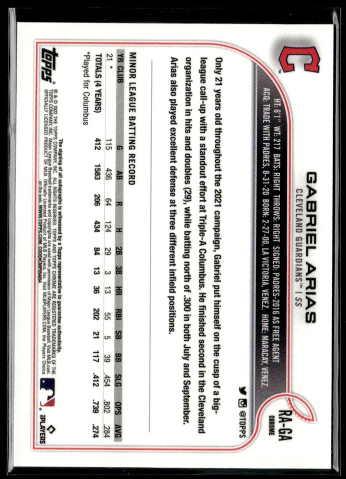 2022 Topps Chrome #RA-GA Gabriel Arias Autograph | eBay