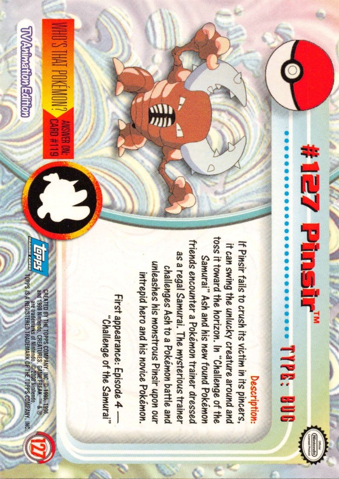 Pinsir #127 - Blue Logo - NON-HOLO - SERIES 3 - TOPPS Pokemon Card - NM ...