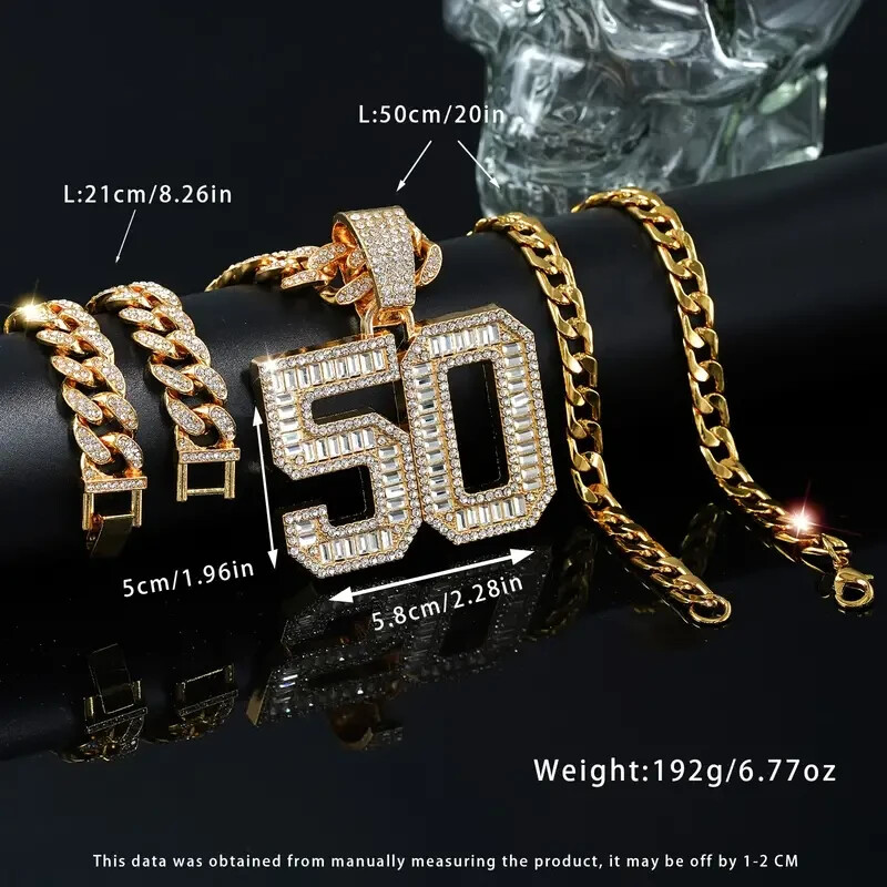 Gold Plated 50 cent Pendant 20" Iced Cuban Cubic Zirconia Chain Hip Hop ...