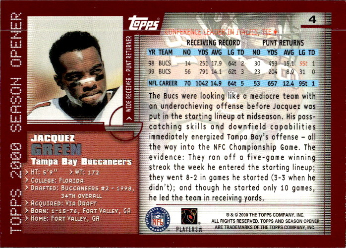 2000 Topps Season Opener Jacquez Green 4 Tampa Bay Buccaneers | eBay