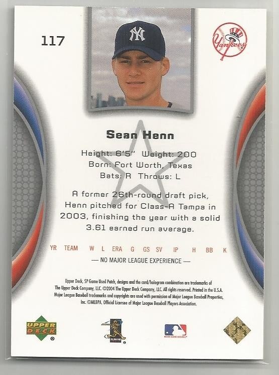 2004 Upper Deck SP Game Used Patch Edition Rookie Debut Sean Henn ...