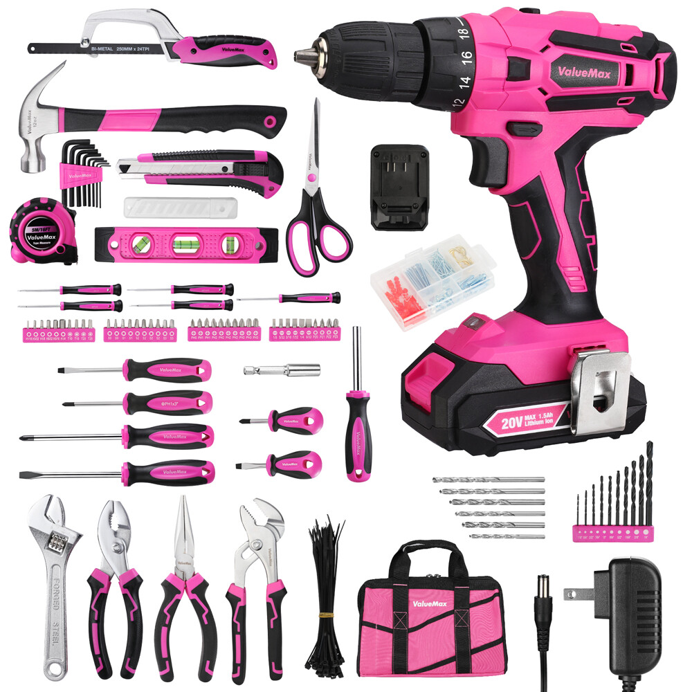 ValueMax 238PC Pink Tool Set Home Tool Kit 20V Cordless Drill Tool Set ...