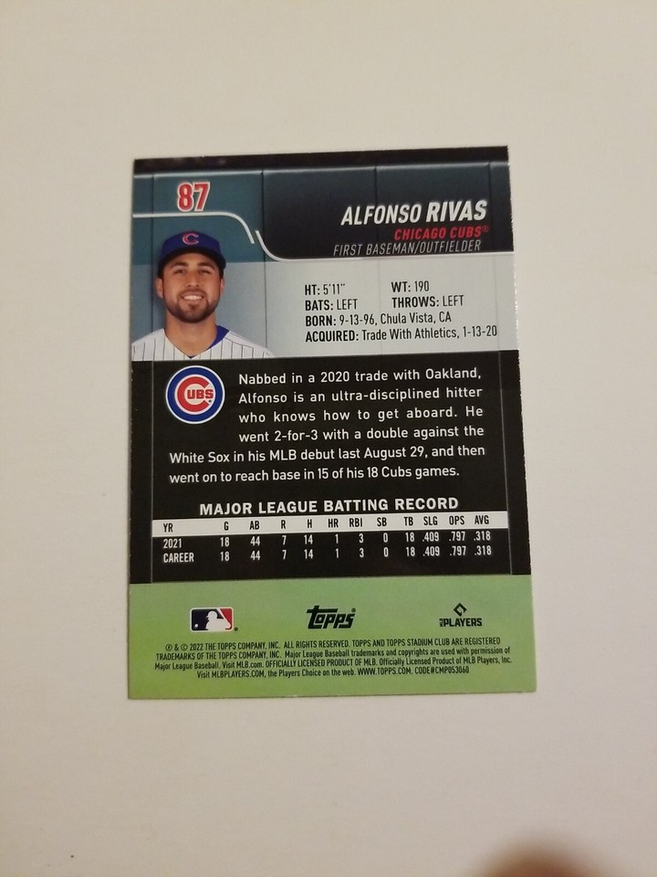 Alfonso Rivas 2022 Topps Stadium Club RC Red Foil Parallel Chicago Cubs ...