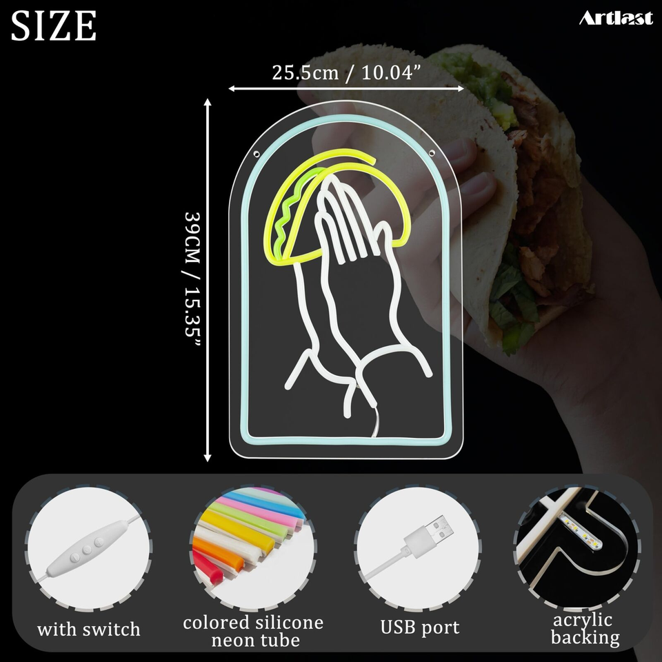 Praying Hands Holding Tacos Neon Sign LED Tacos Neon Light Mexican Food ...