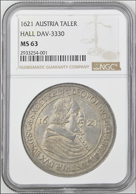 1621 Austria Hall 1 Taler Tyrol Archduke Leopold Coin NGC MS63 UNC DAV ...