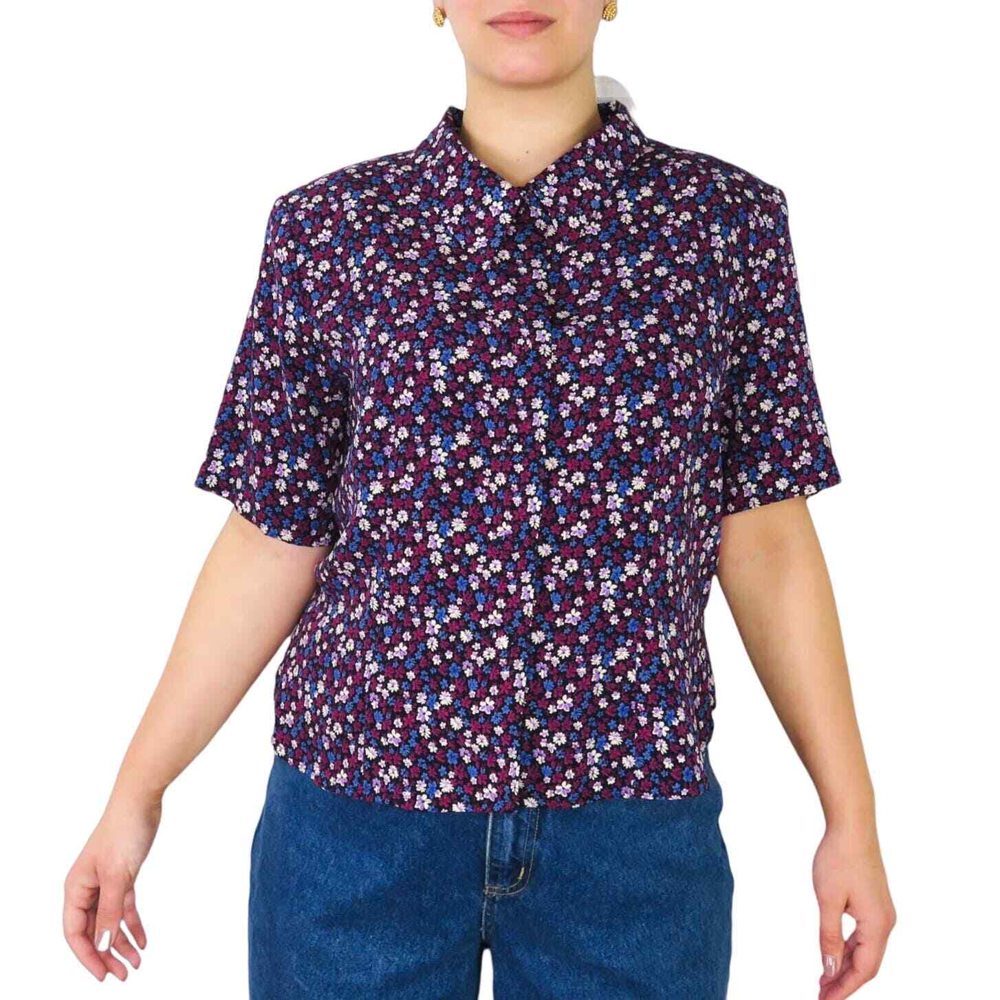1980s Vintage Cottage Core Purple Floral Button Down … - Gem