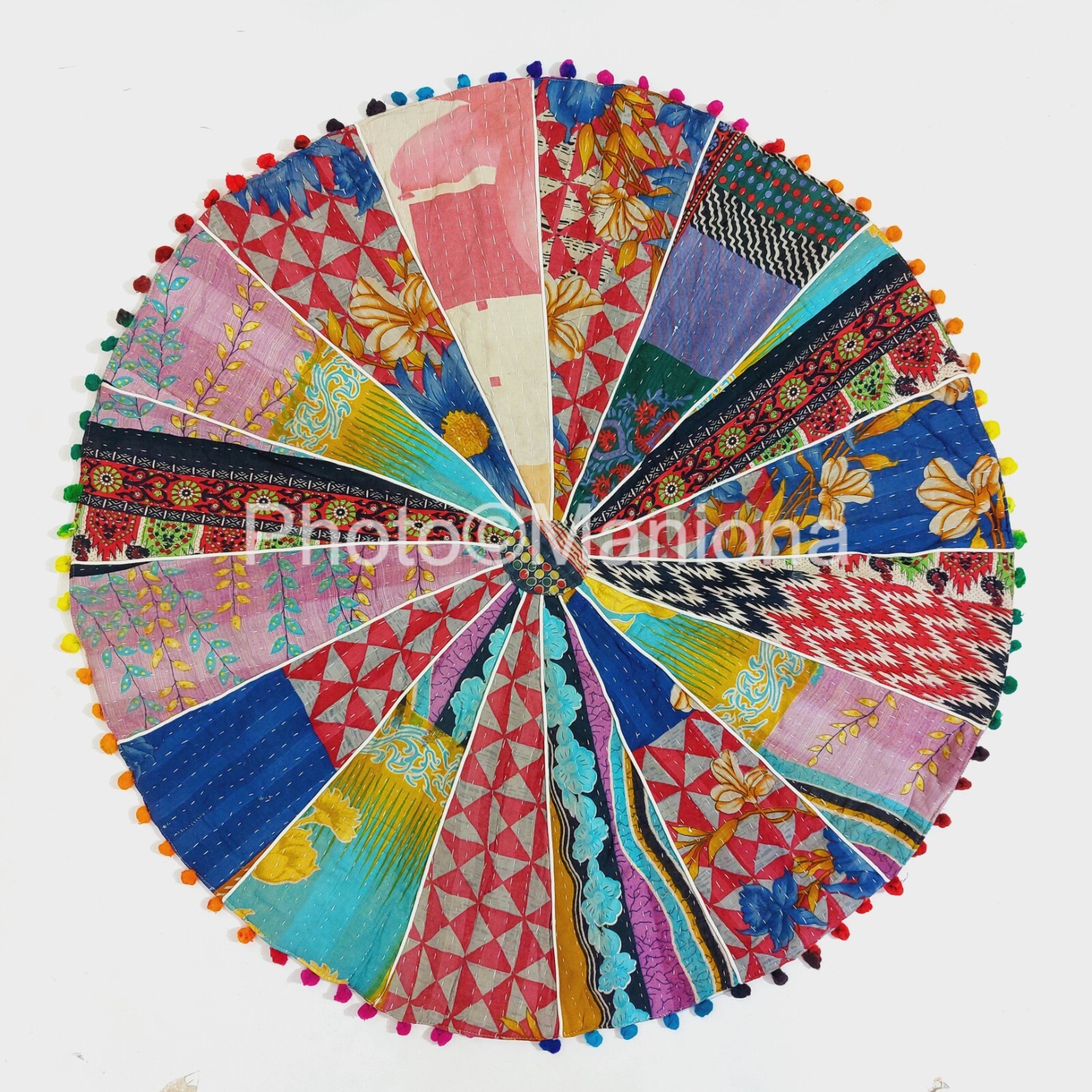 Indian Patchwork Pom-Pom Roundies/Yoga Mat/Wall hanging/Door mat/Kantha ...