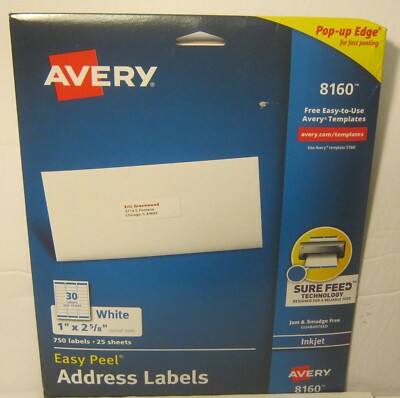 AVERY Easy Peel ADDRESS LABELS #8160 25 Sheets 750 Labels 1" X 2 5/8 ...