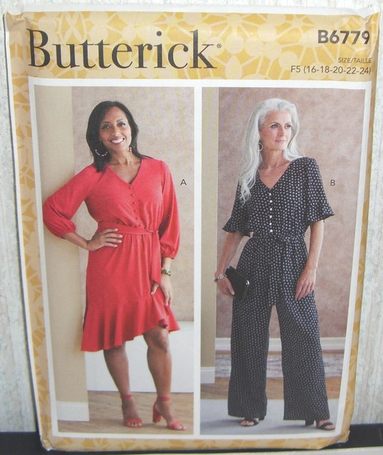 Butterick B6779 16-24 Sewing Pattern Ladies V Neck Button Front Dress ...