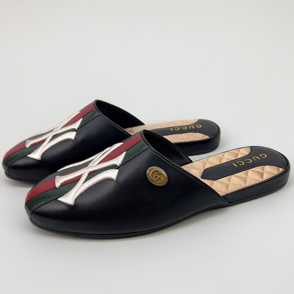 New GUCCI NY Yankees Web mule black leather 4.5 G or 8.5 US 38.5 EUR ...