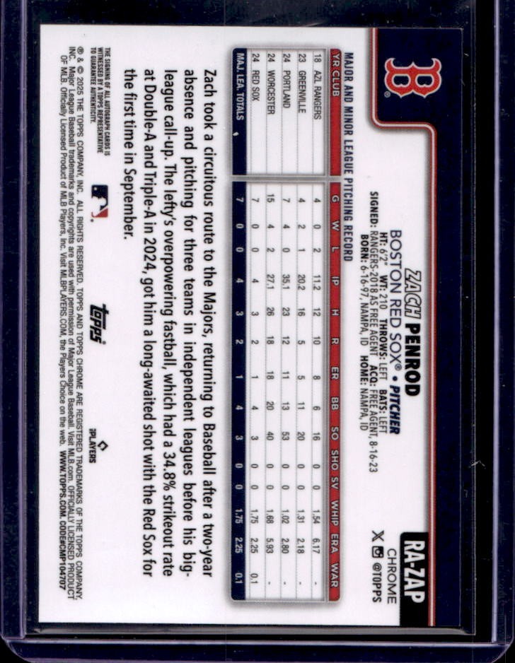 2025 Topps Chrome Zach Penrod Rookie Auto RC Rookie #RA-ZAP Red Sox | eBay