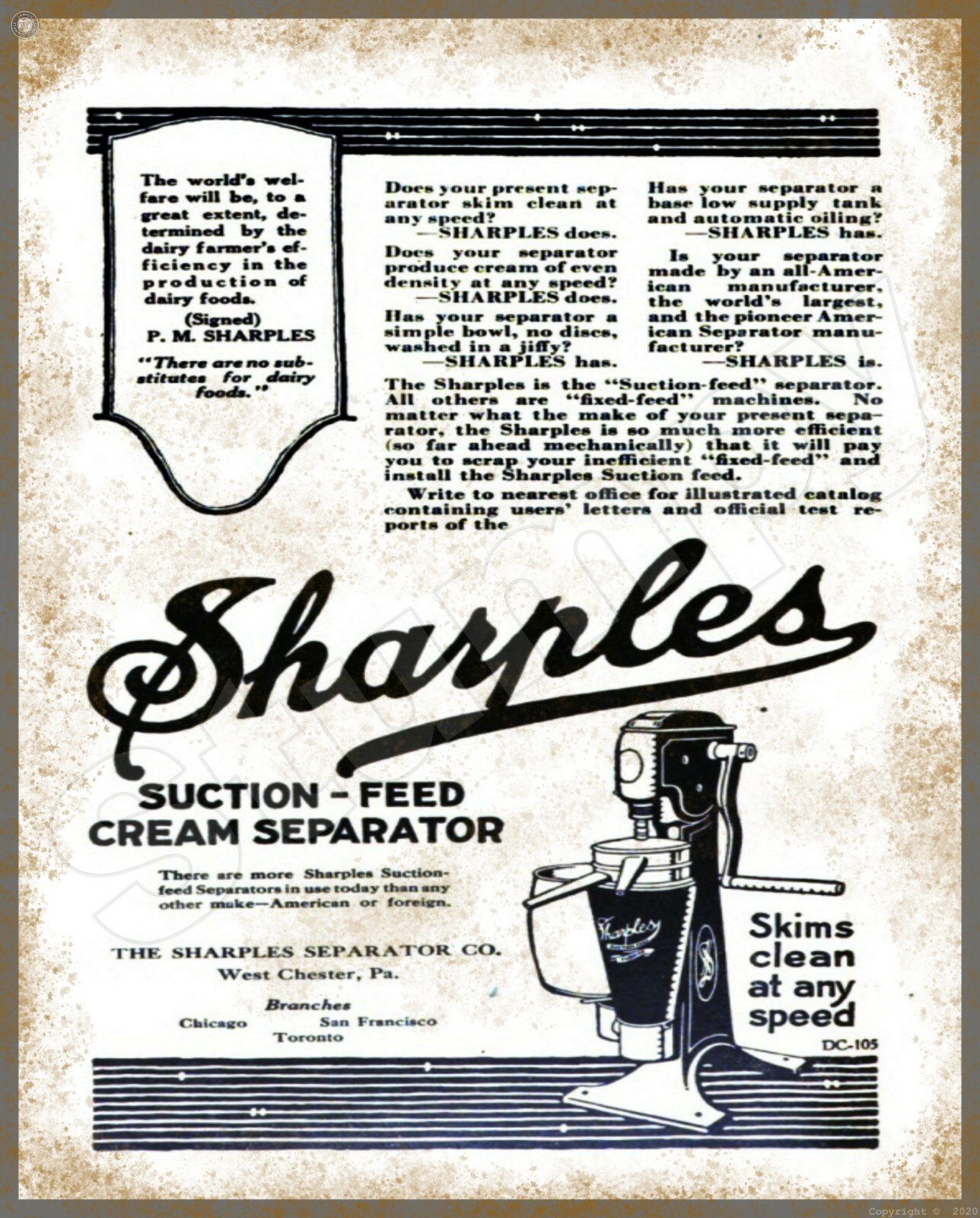Sharples Suction Feed Cream Separator Metal Sign 9" x 12" | eBay