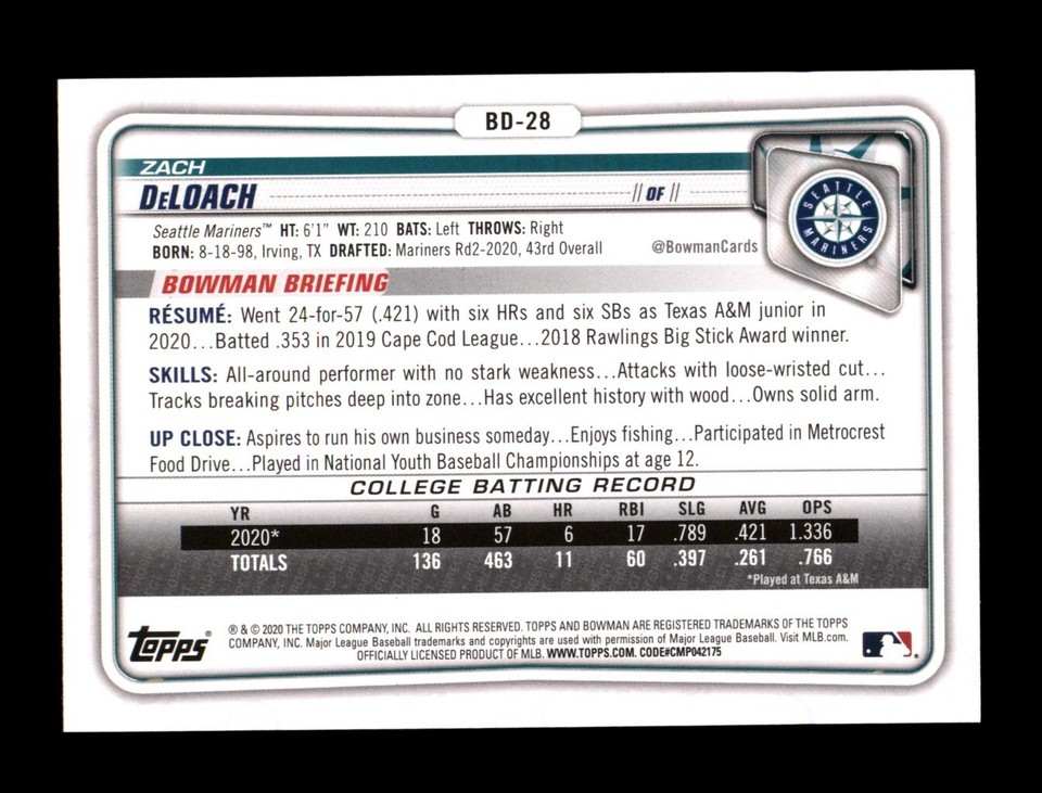 2020 BOWMAN DRAFT #BD-28 ZACH DELOACH PAPER BASE SEATTLE MARINERS | eBay
