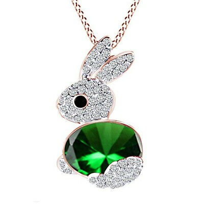 14CT Rose Gold Plated Emerald Cute Lucky Rabbit Bunny Pendant 18" Chain ...