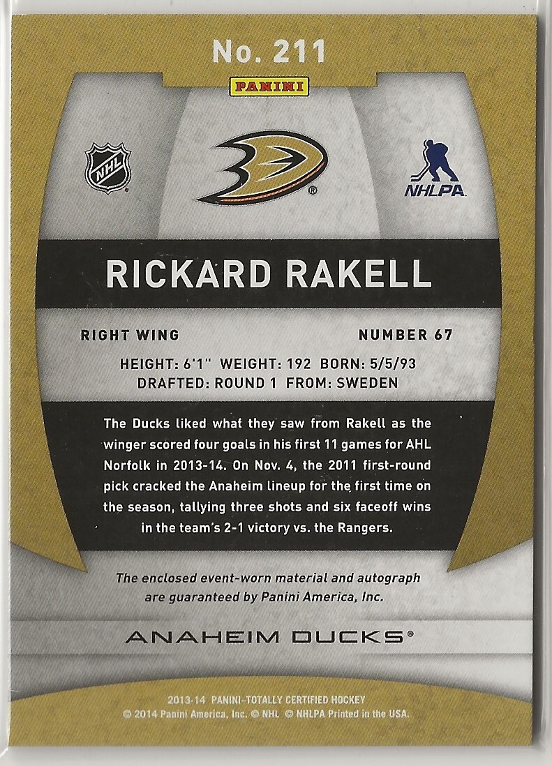 2013 13-14 Totally Certified Rookie Autograph Jerseys #211 Rickard ...