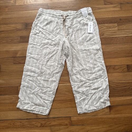 DASH Women's Linen Rayon Striped Capri Pull-On Pants Drawstring Waist ...