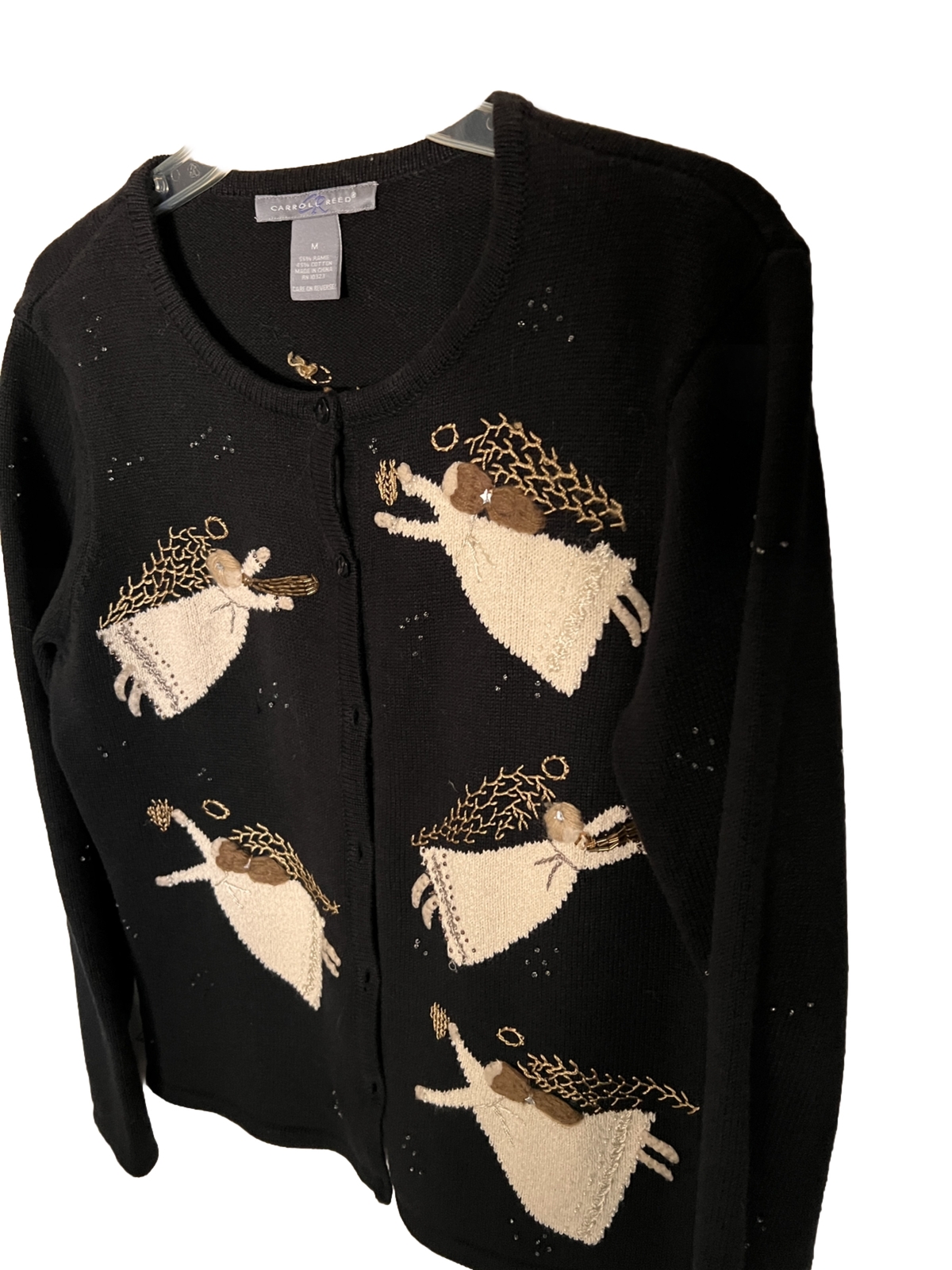 Christmas Angels Black Cardigan Sweater Beige White Embellished Button ...