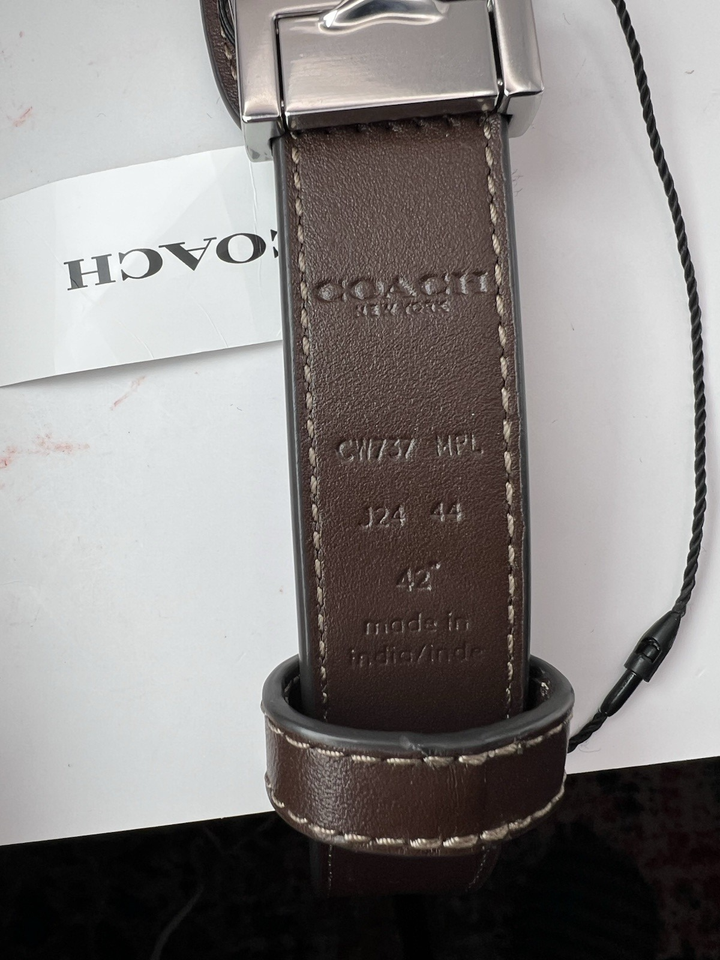 NWT Coach Brown Leather Belt Eliza Logo Plaque Buckle One Size Cut To ...