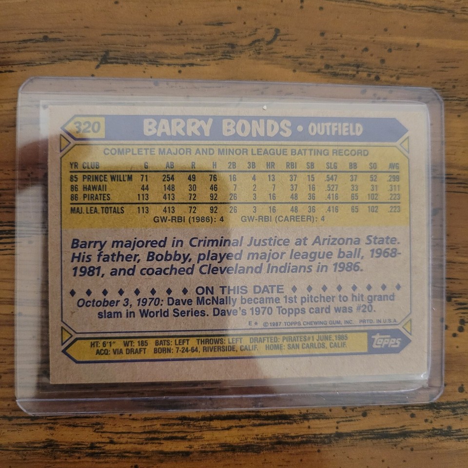1987 Topps Barry Bonds #320 Rookie Error Card! Rare!! | eBay