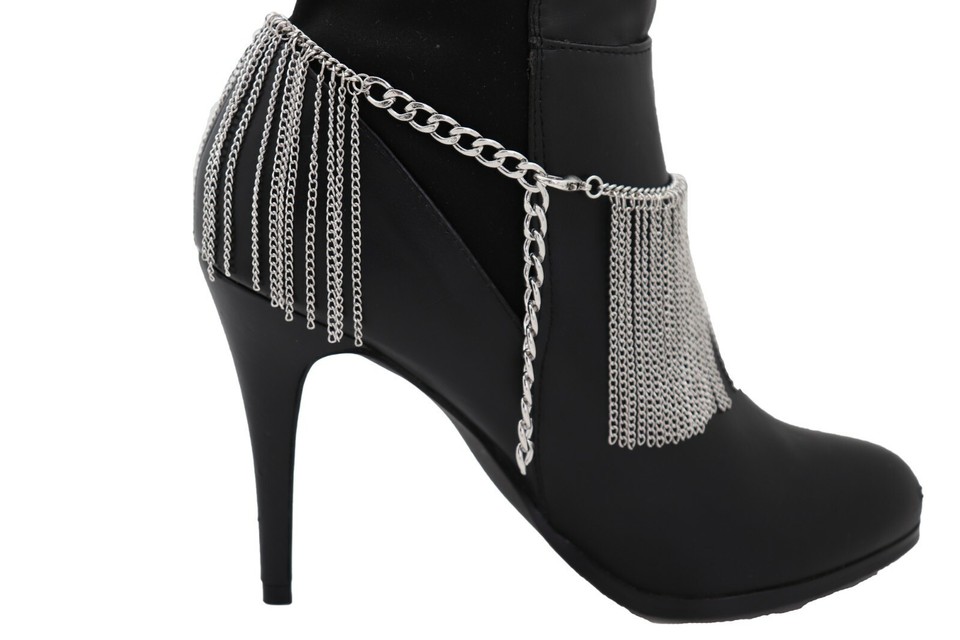 Women Boot Bracelet Metal Chain Silver Long Fringes Anklet Dangle Shoe ...