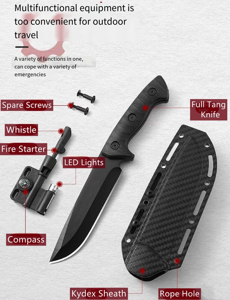 Fixed Blade Knife with Kydex Sheath, Fire Starter, Compass,Whistle,LED ...