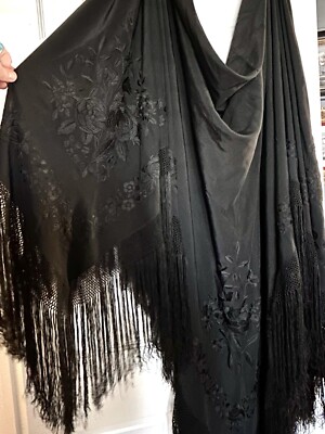 Large Antique Embroidered Black on Black Spanish Flamenco Manton Shawl ...