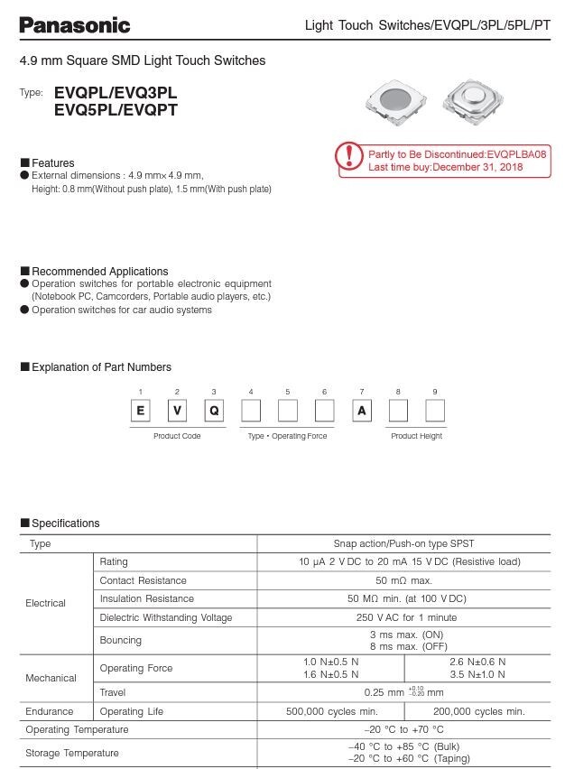 [QTY = 10pcs] EVQPT9A15 Panasonic Switch Tactile N.O. SPST Round Button ...