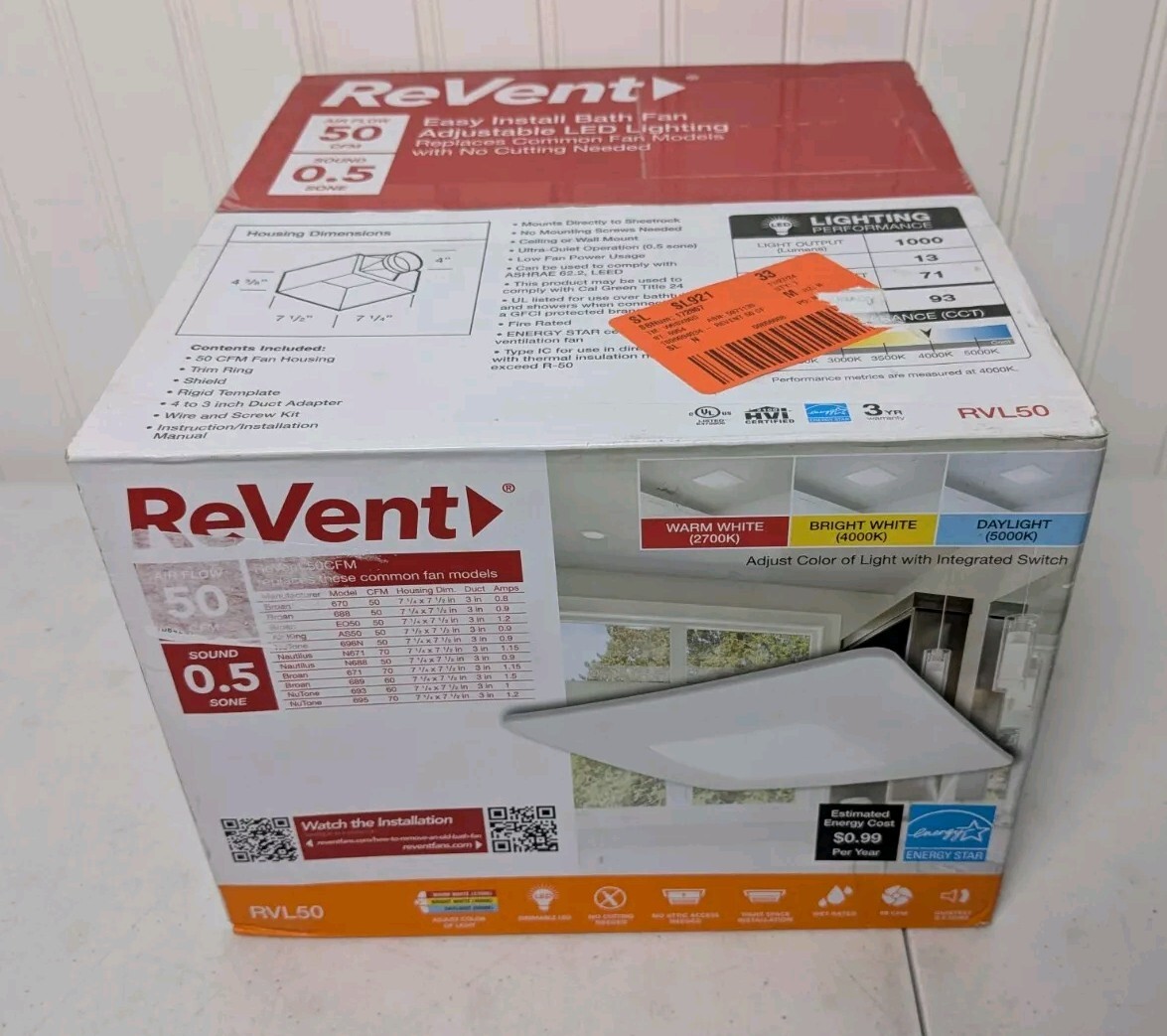 ReVent 50 CFM Easy Installation Bathroom Exhaust Fan Adjustable LED ...