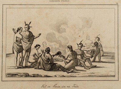 North Florida Natives Around Fire, Steel Engraving, 1830's, German ...