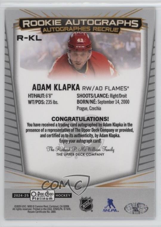 2024-25 O-Pee-Chee Platinum Rookie Auto Adam Klapka #R-KL Auto 6q0 ...