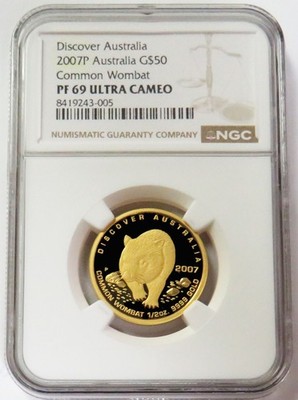 2007 GOLD 253 MINTED $50 WOMBAT DISCOVER AUSTRALIA 1/2oz NGC PF 69 UC ...