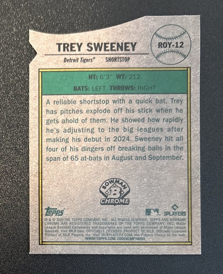 TREY SWEENEY 2025 BOWMAN #ROY-12 CHROME INSERT ROOKIE RC DETROIT TIGERS ...