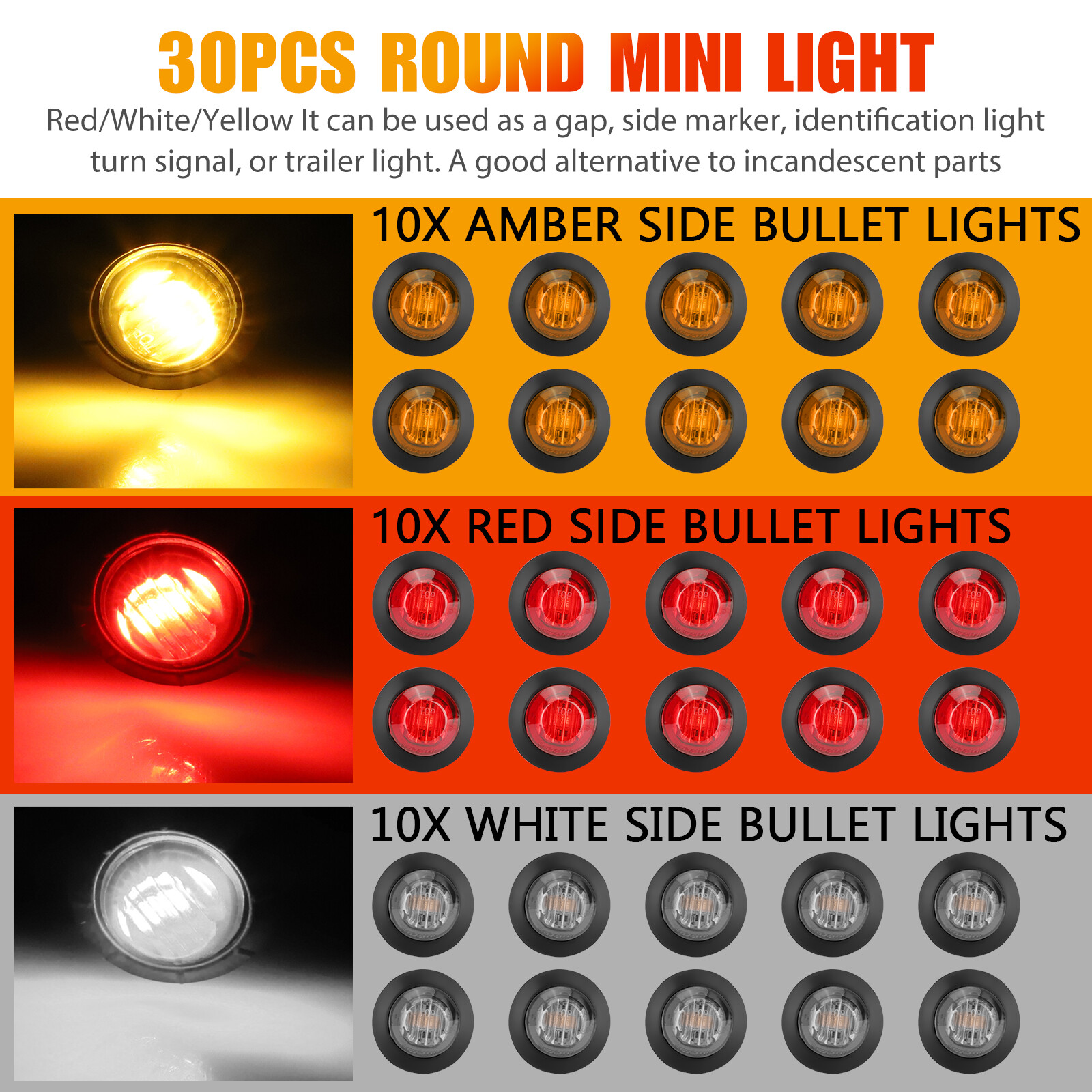 30x 3/4" Marker Lights LED Truck Trailer Round Side Bullet Light Amber ...