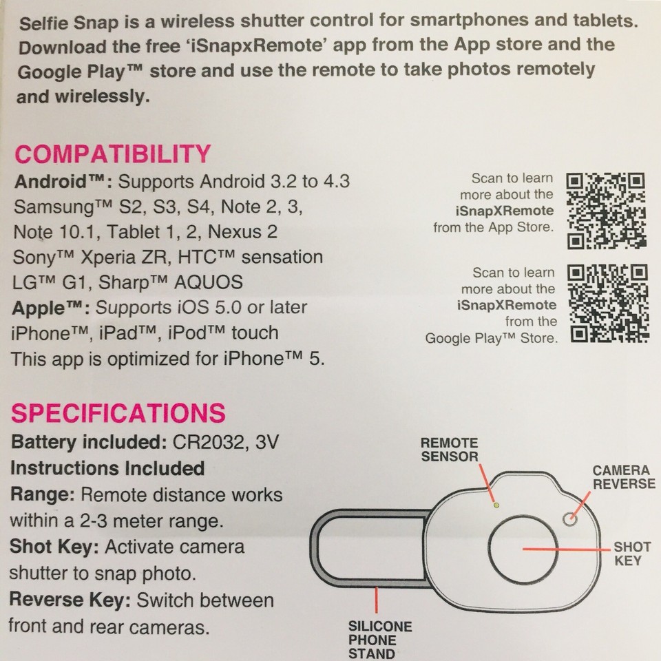 Selfie Snap Smart Phone Wireless Camera Remote Shutter Control Stand ...