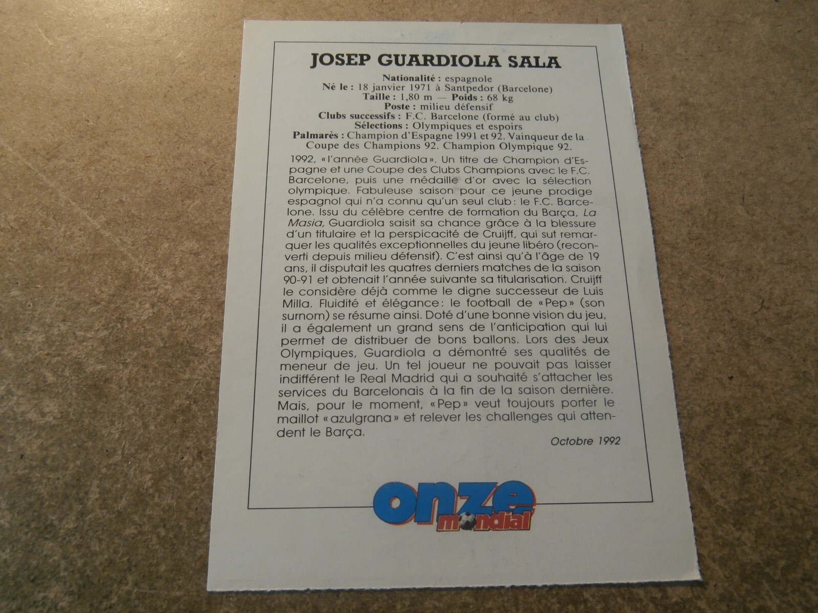 PEP GUARDIOLA, FC BARCELONE, RARE 1992 FOOTBALL ROOKIE CARD ONZE ...