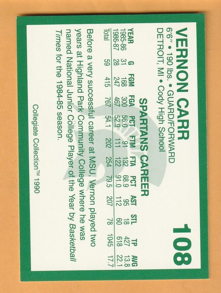 Vernon Carr Michigan State Spartans 1990 Card #108 Detroit Cody High ...
