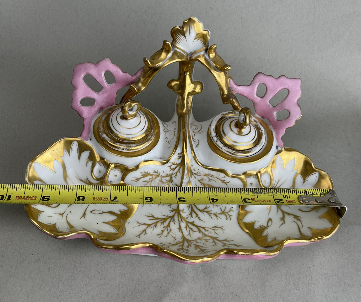 ANTIQUE Pink & Gold Hand painted Double Ink Well | eBay