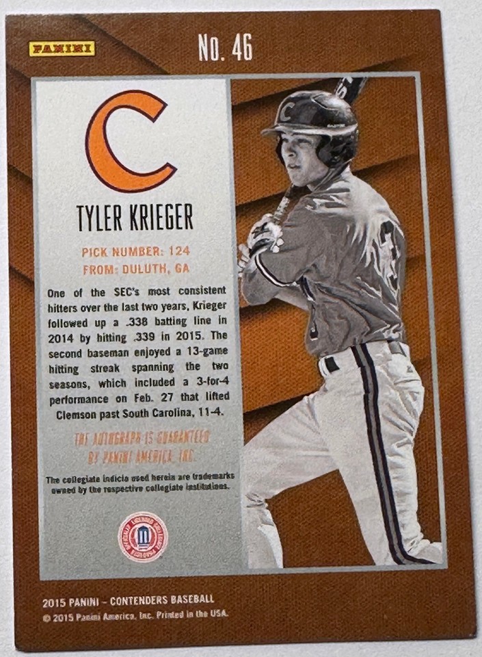 TYLER KRIEGER SIGNED PANINI CONTENDERS BASEBALL 2015 CLEMSON AUTO CARD ...