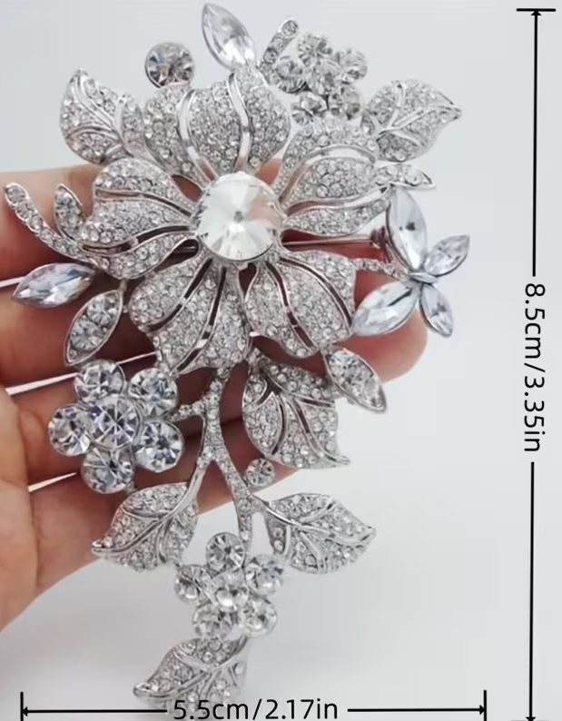 BROOCH Silver Flower Rhinestone Vintage Organza Gift Bag Bride Mum ...
