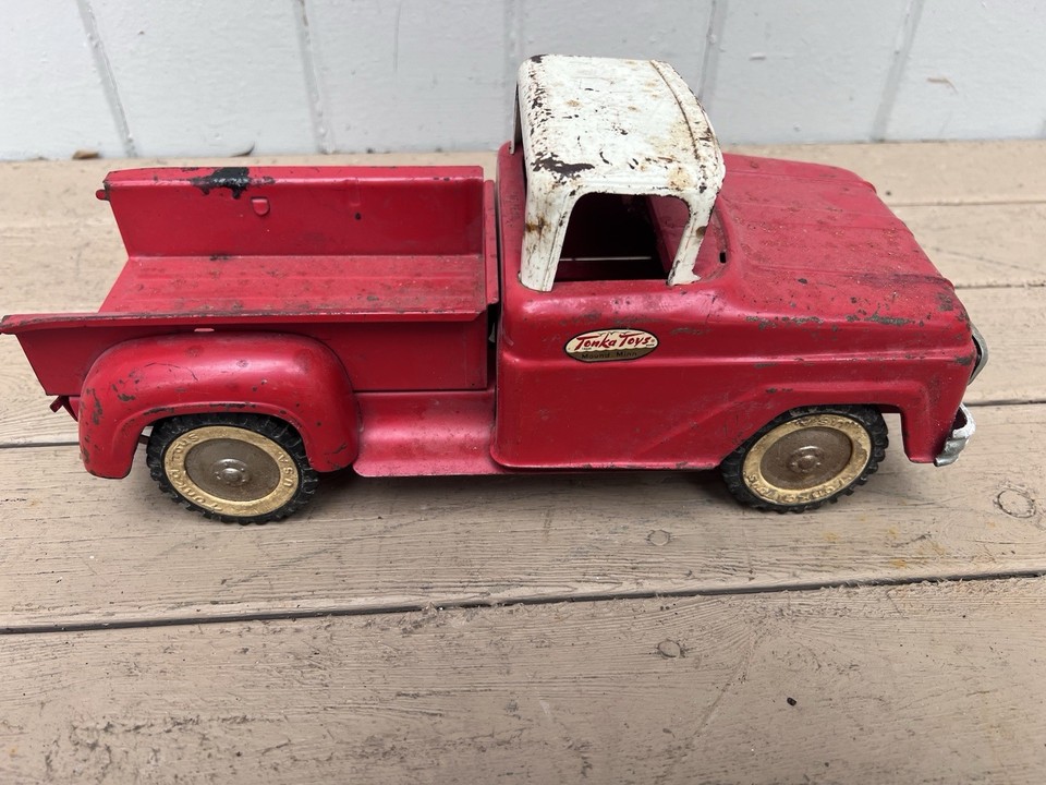 Vtg Tonka Toy Pressed Steel Red Step Side Pickup Truck White top 1960's ...
