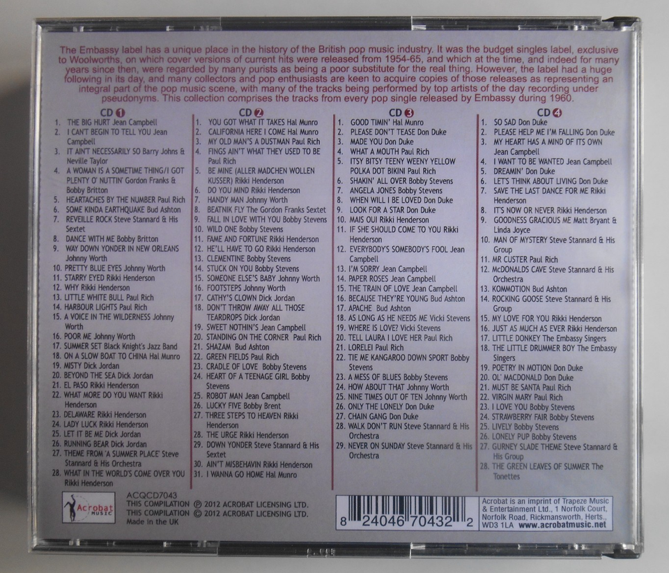 1960 EMBASSY BRITISH HIT PARADE - 4-Disc CD Set (2012) Woolworths Cover ...