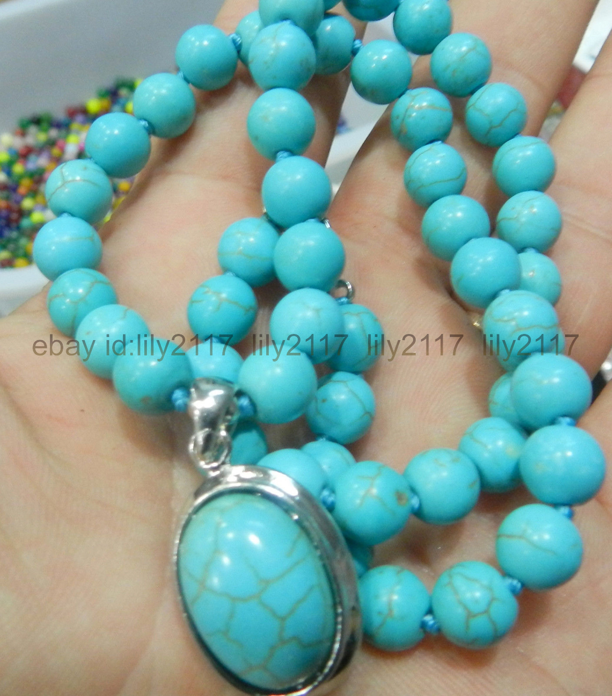 18" Natural 8mm Turkish blue turquoise round gemstone necklace 16x22mm ...
