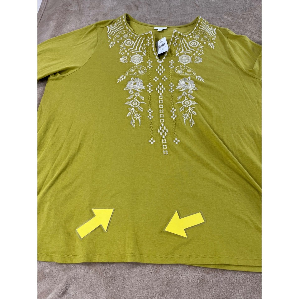J Jill Top Tunic Women 3X Plus Embroidered Green Yellow Floral Blouse ...
