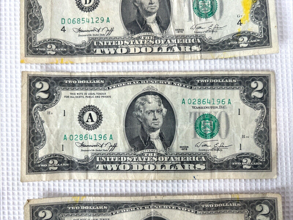 1976 $2 Bank Note 10 Circulated Bills A D F G L Series Duplicate ...