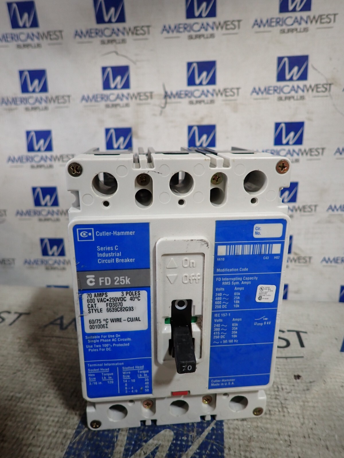 Cutler Hammer FD3070 3p 70 amp 25kA@480v Blue Circuit Breaker -TESTED ...