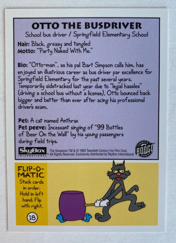 1993 The Simpsons Otto The Bus Driver Promo Card #18 Bongo/Skybox FREE ...