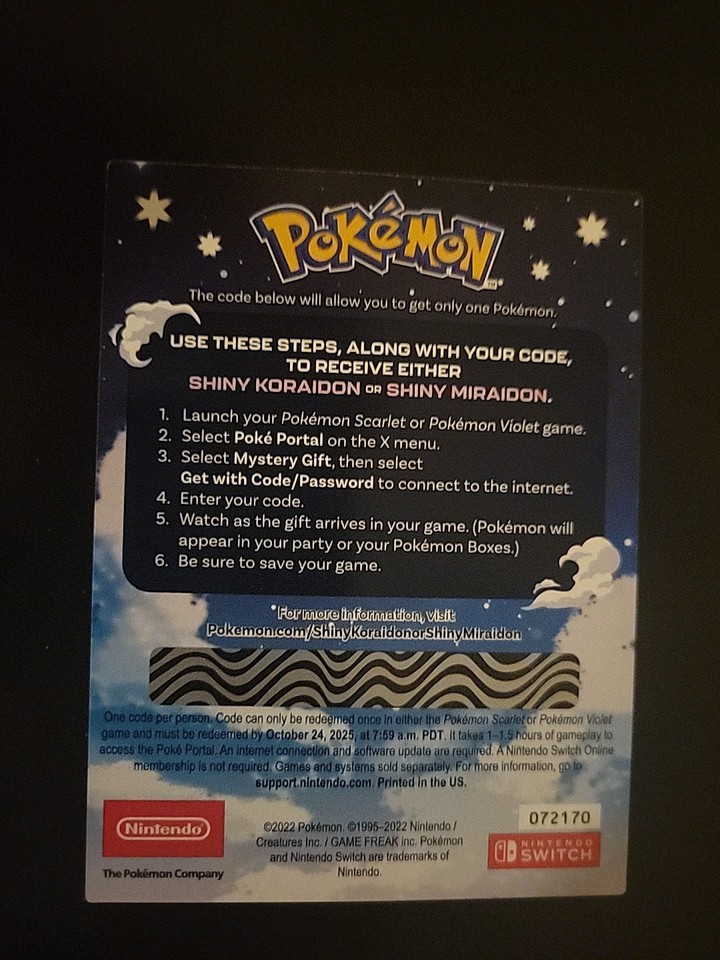 Pokemon Scarlet And Violet Serial Codes Shiny Koraidon or Miraidon ...