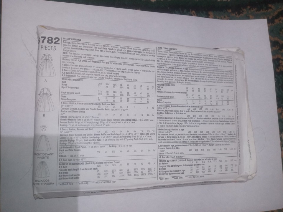 3782 Simplicity Sewing Pattern UNCUT Renaissance Medieval Dress Costume ...