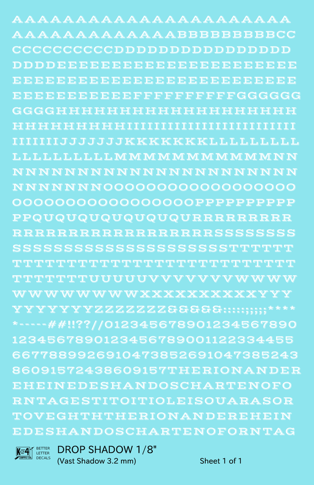 K4 HO Scale Water Slide Decals White 1/8 Inch Drop Shadow Letter Number Alphabet | eBay