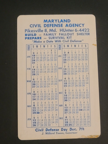 1960 Maryland Civil Defense Agency Plastic Pocket Calendar Air Raid ...